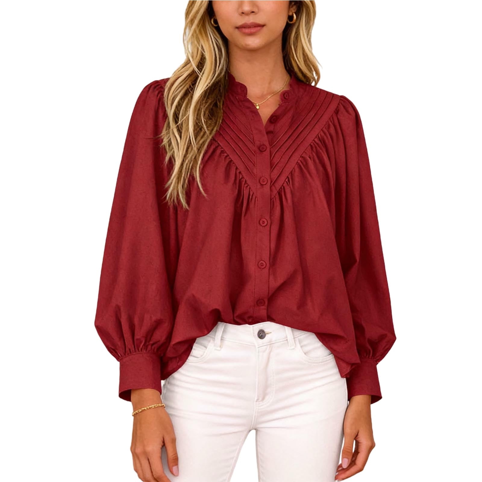 Caywon Women's Solid Color Fashion Puff Sleeve High Neck Button Loose ...