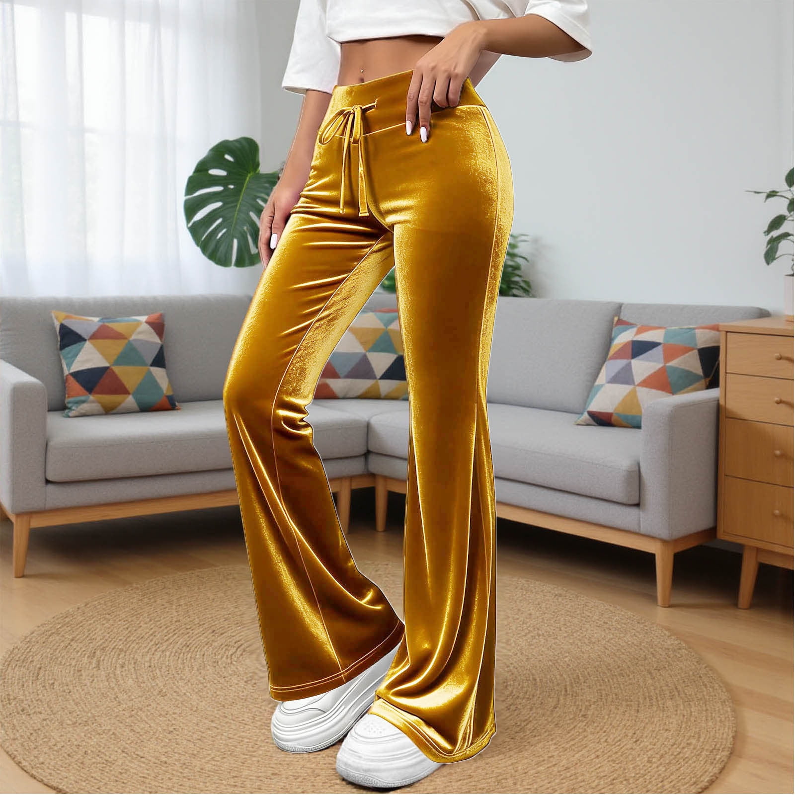 Caywon Women's Solid Color Flare Pants Elastic High-Waist Loose Wide ...