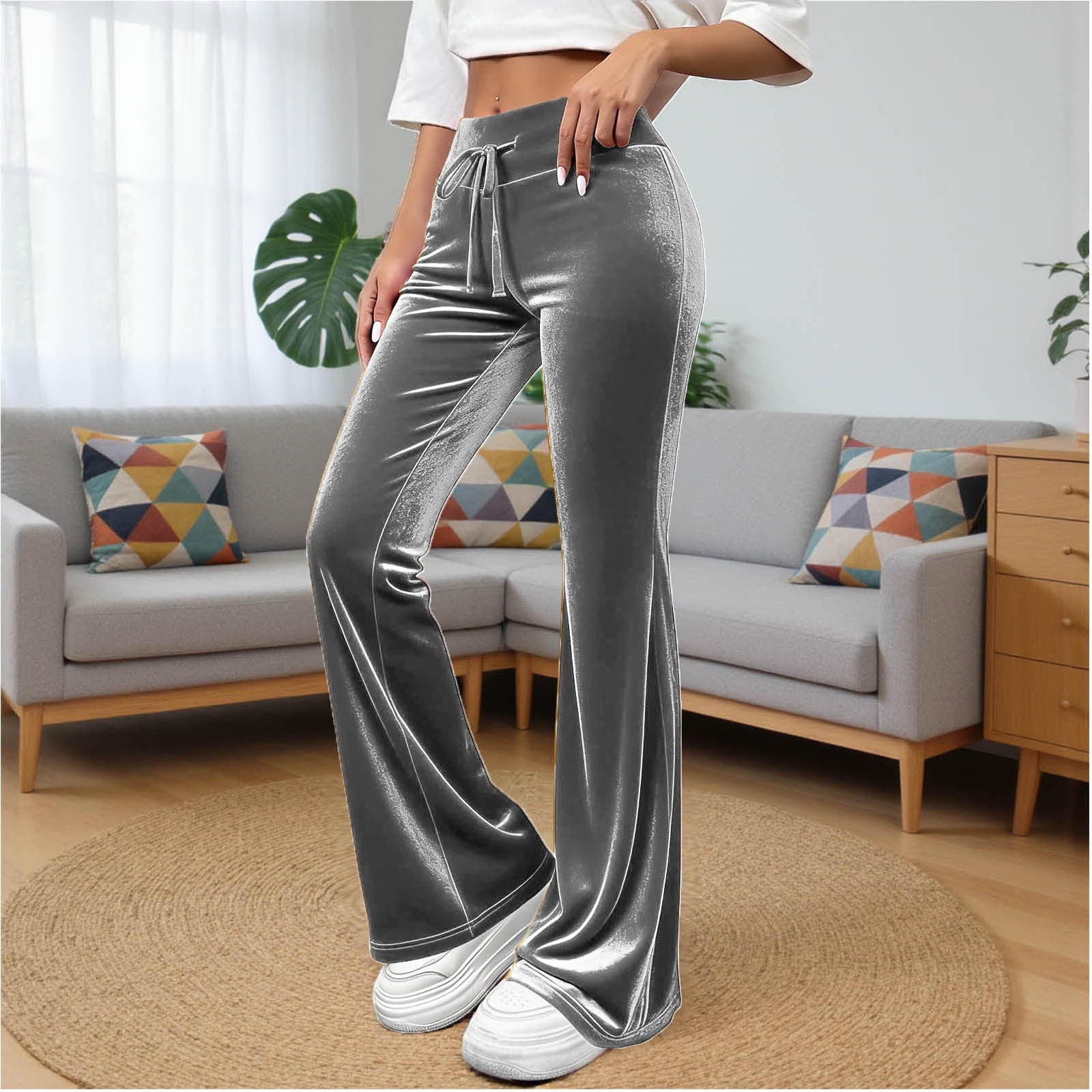 Caywon Women's Solid Color Flare Pants Elastic High-Waist Loose Wide ...