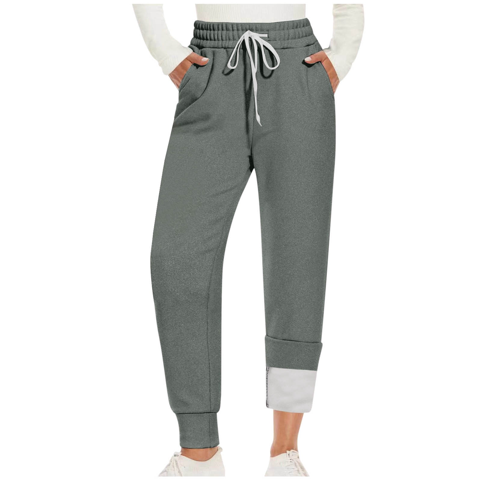 Caywon Women's Solid Color Fleece Lined Drawstring Leggings High Waist ...
