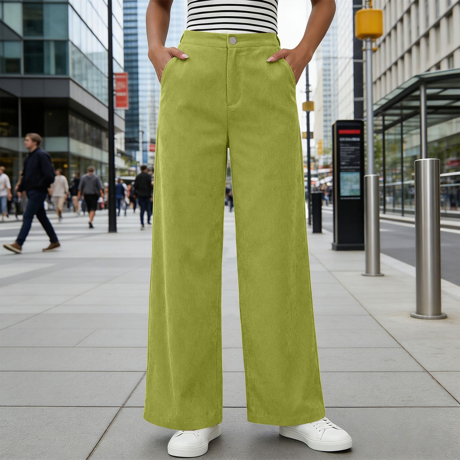 Caywon Women's Solid Color High Waist Corduroy Pants with Deep Side ...