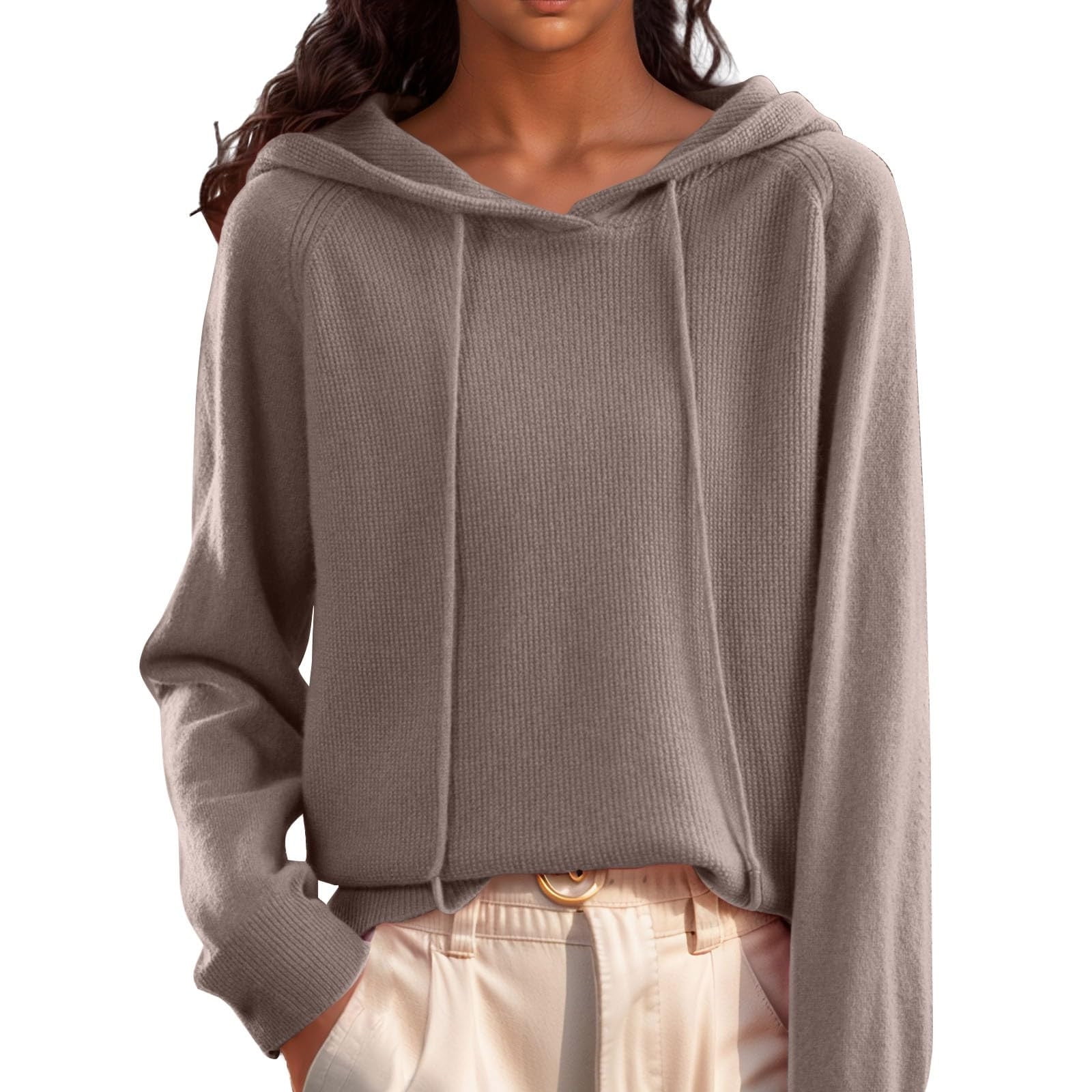 Caywon Women's Solid Color Knitted Drawstring Hooded Casual Long Sleeve ...