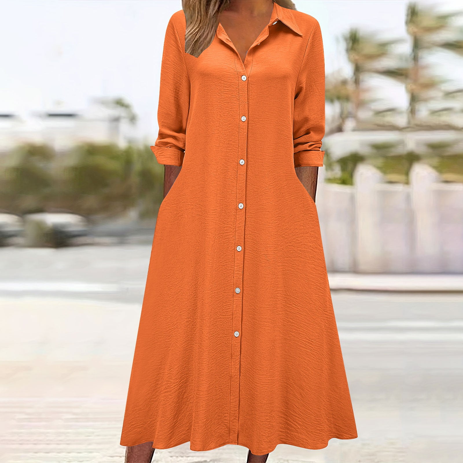 Caywon Women's Solid Color Linen Cotton Long Sleeve Maxi Dress Button ...