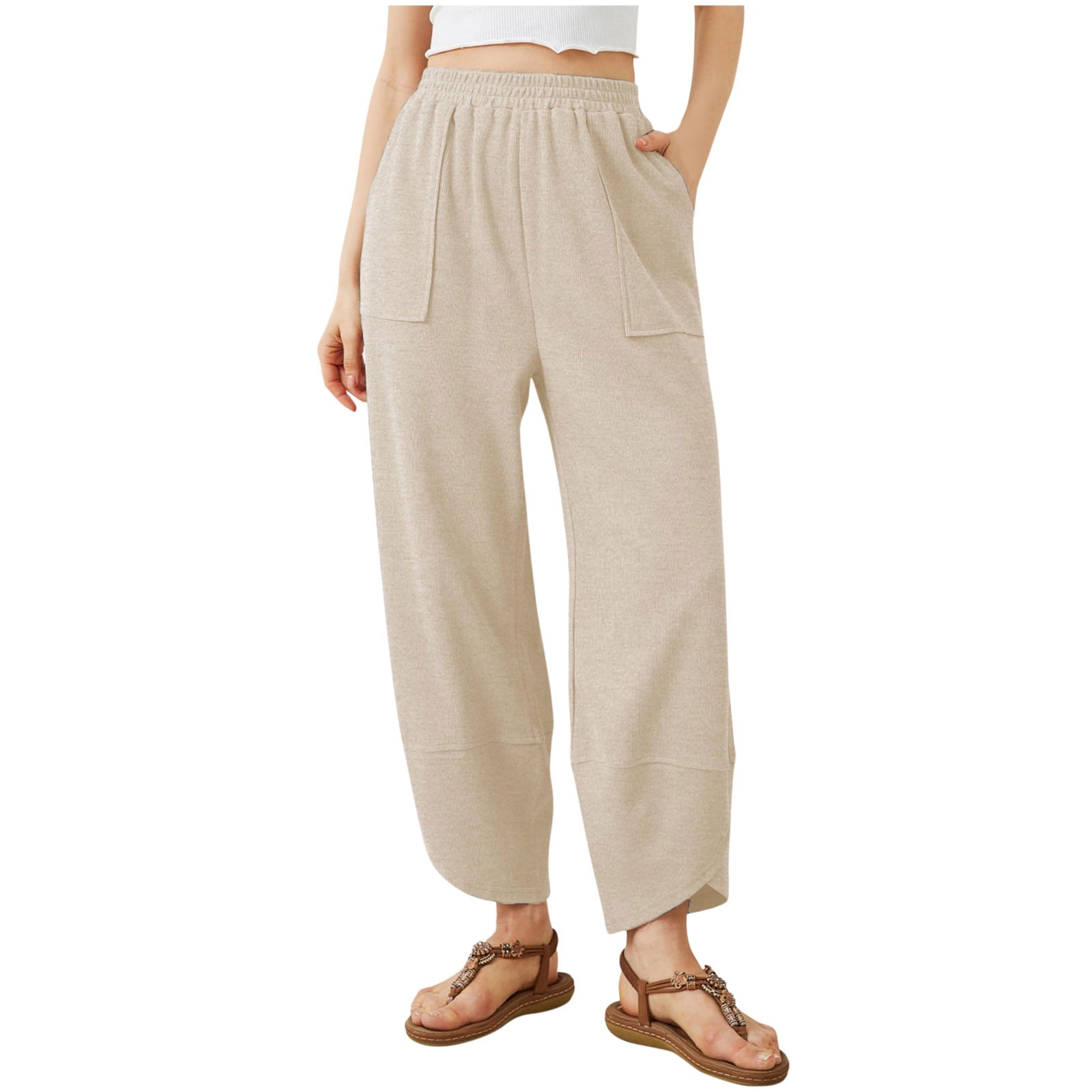 Caywon Women's Solid Color Long Pants with Pockets Elastic Waist Split ...