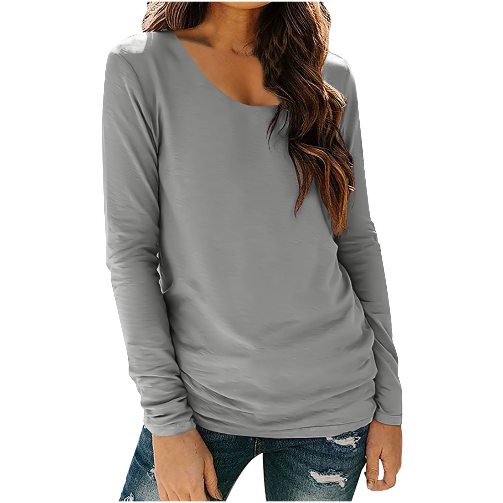 Caywon Women's Solid Color Long Sleeve Basic T Shirt U Neck Slim Fit ...