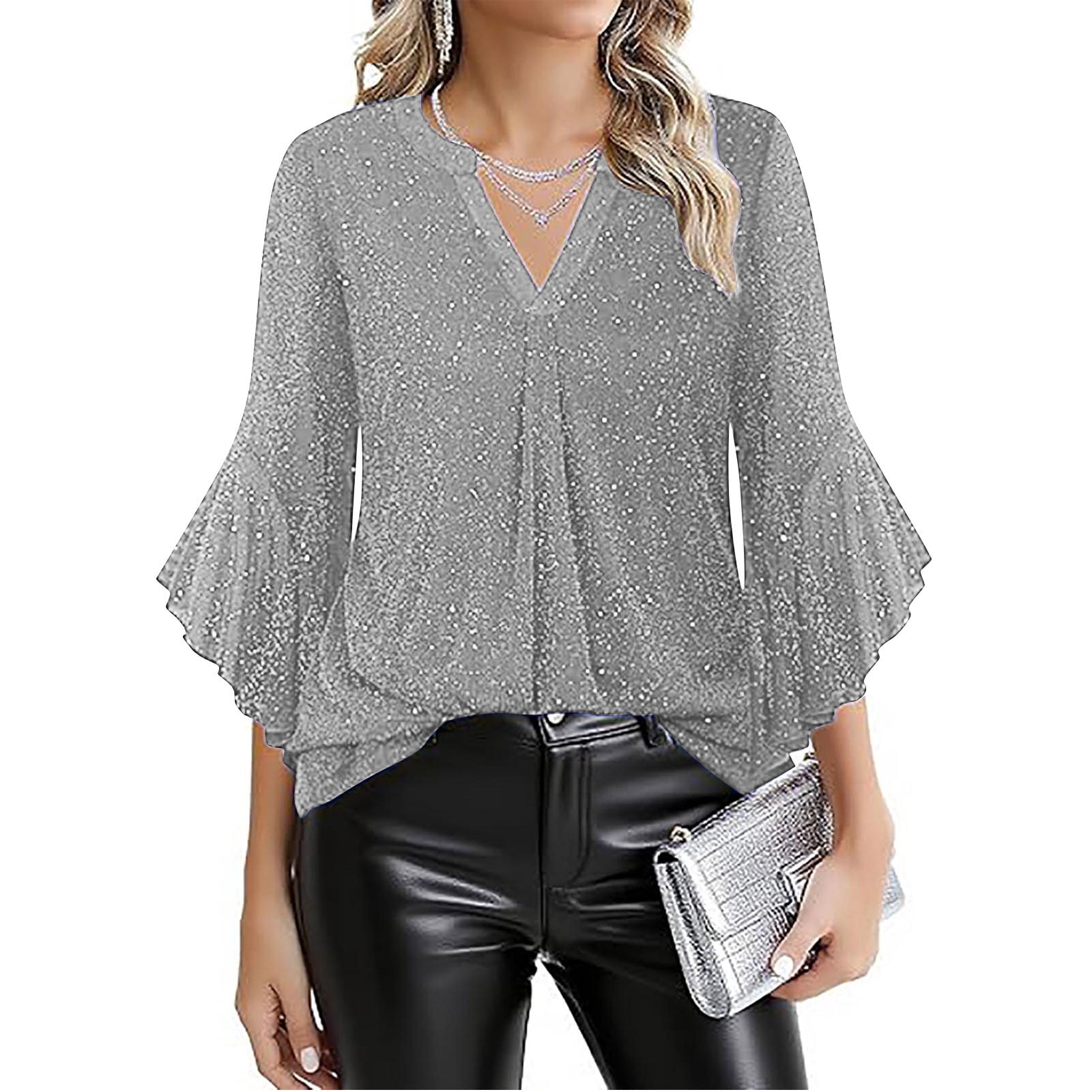 Caywon Women's Solid Color Mesh Gold Foil Shiny Blouse Breathable Three ...