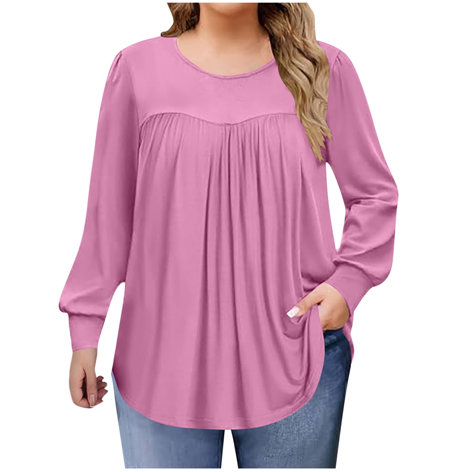 Caywon Women's Solid Color Plus Size Crew Neck Long Sleeve Ruched Top ...