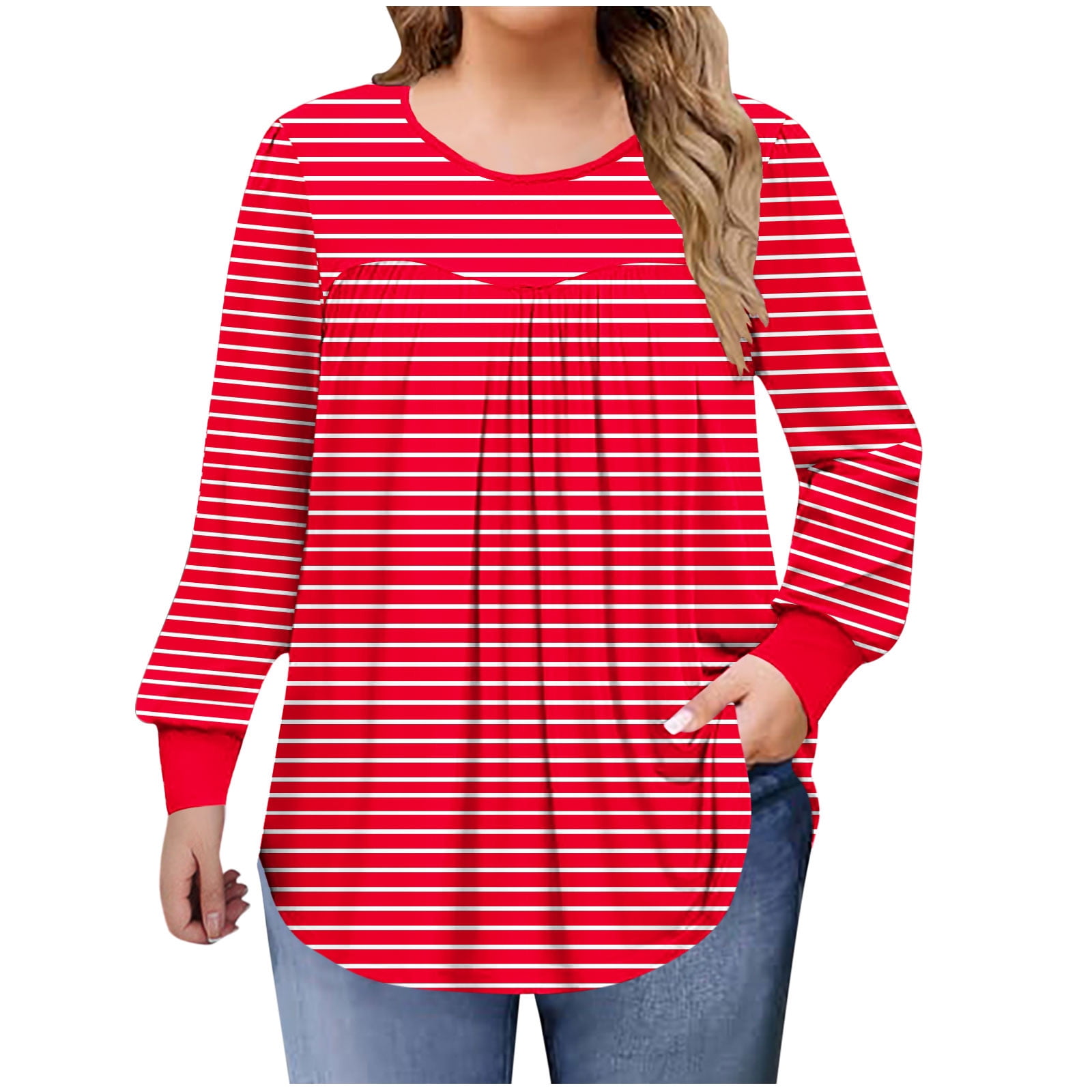 Caywon Women's Solid Color Plus Size Crew Neck Long Sleeve Ruched Top ...