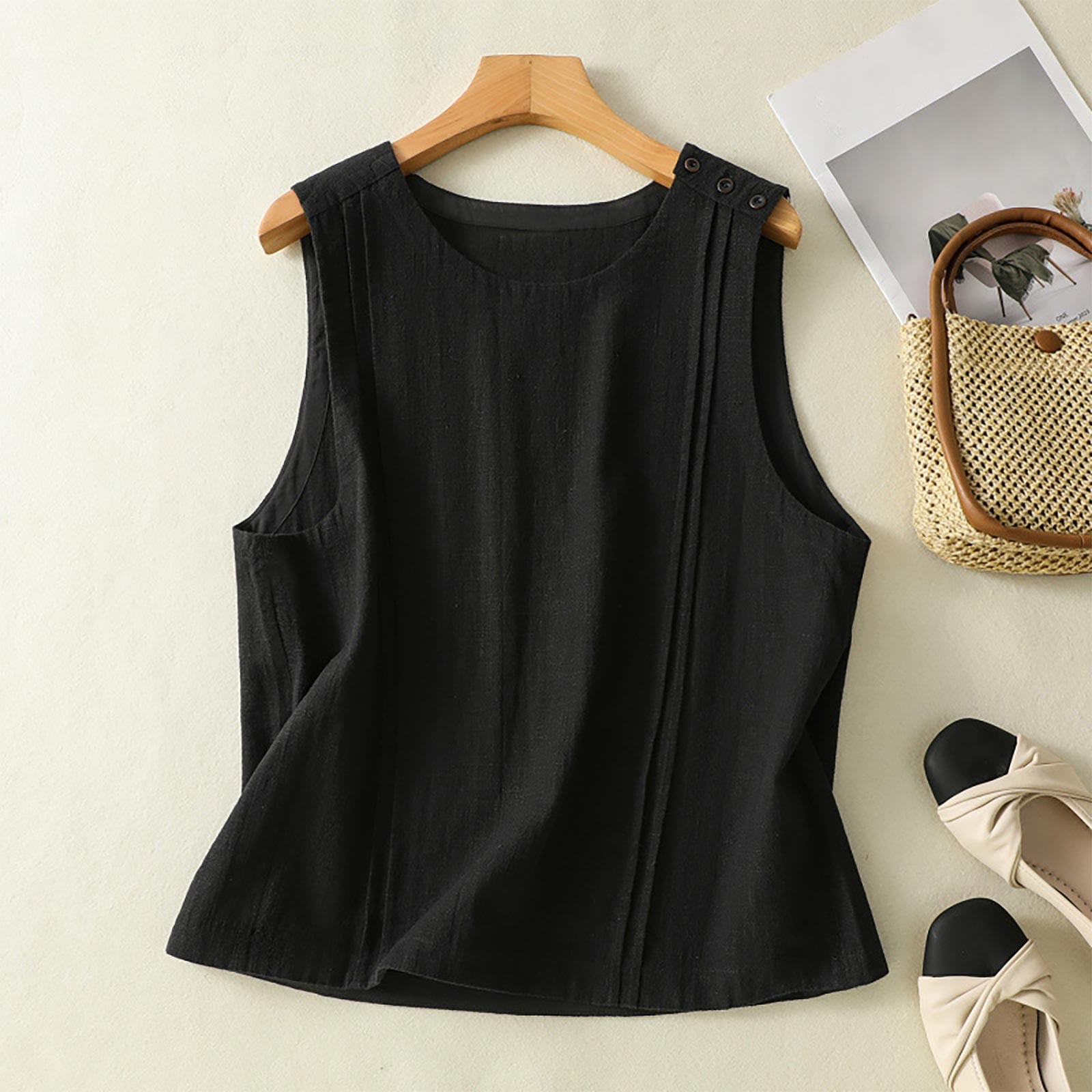 Caywon Women's Solid Color Satin Sleeveless Blouse Loose Casual Crew ...