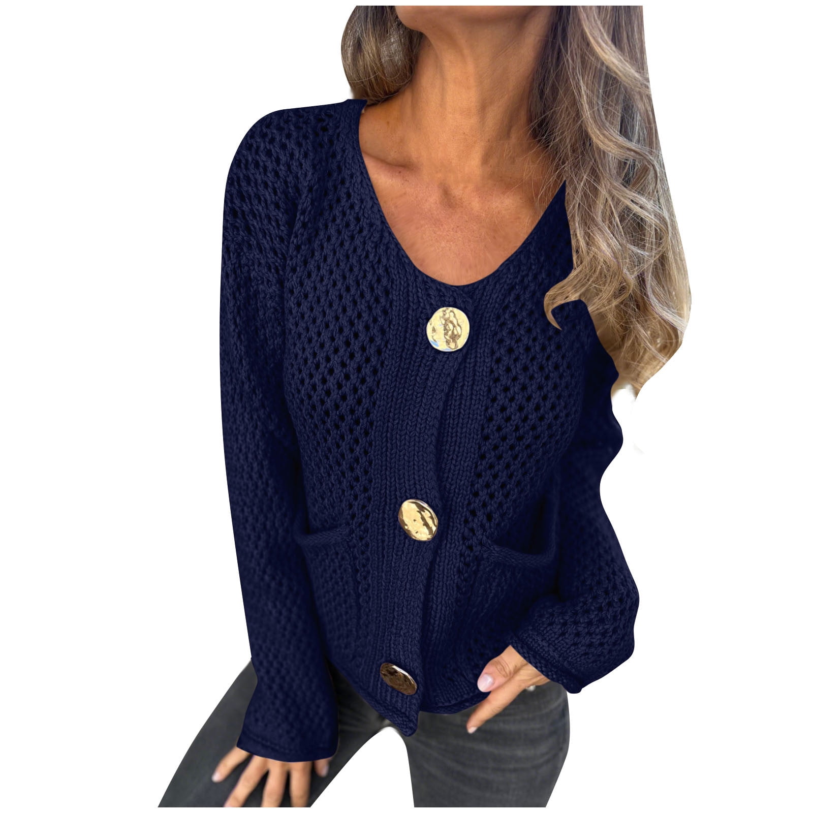 Caywon Women's Solid Color Sweater Double Pocket Knit Cardigan Button ...