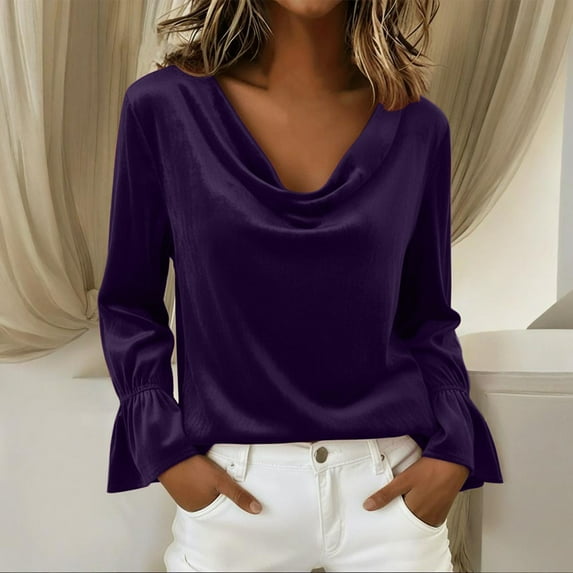 Caywon Women's Solid Color Velvet Long Sleeve Blouse Draped Neck Design ...