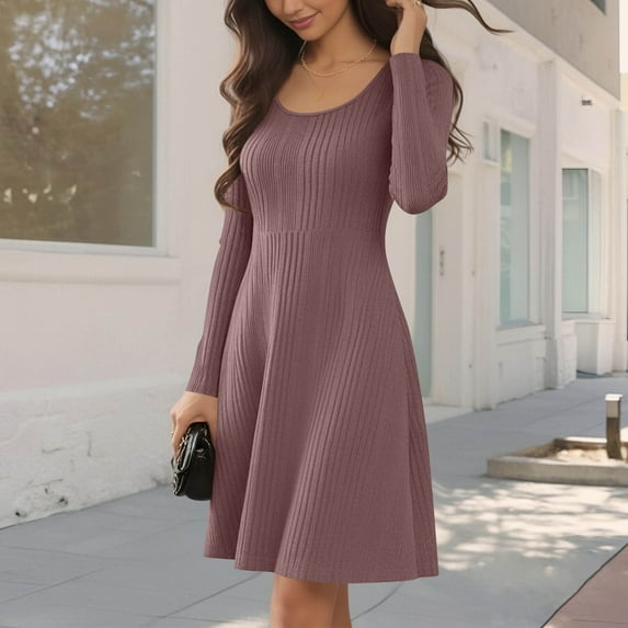 Caywon Women's Spring Solid Color Crew Neck Long Sleeve Dress Soft ...