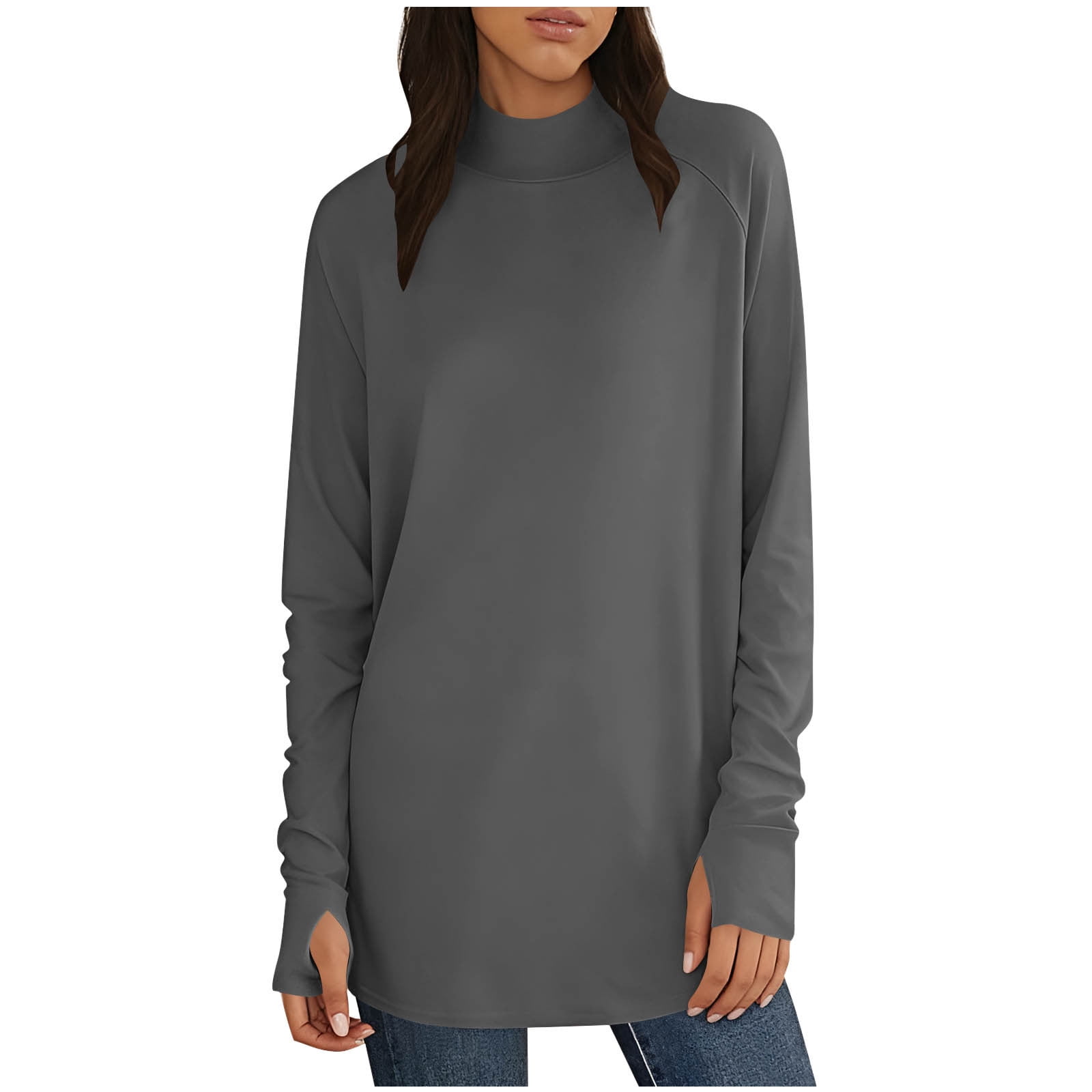 Caywon Women's Spring Turtleneck Solid Color Long Sleeve Top with Thumb ...