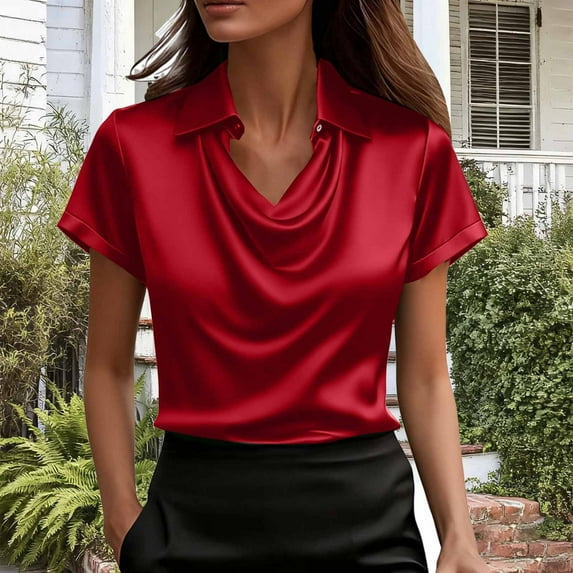 Caywon Women's Summer Fashion Solid Color Short Sleeve Shirt Lapel ...