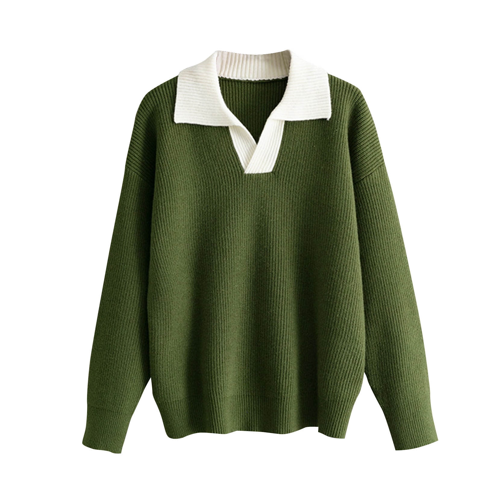 Caywon Women's Sweater Solid Color Turn-Down Collar Loose Long Sleeve ...