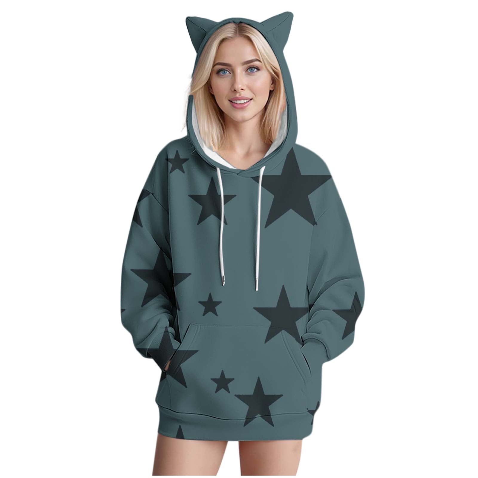 Caywon Women's Sweatshirt Casual Printed Cute Cats Ear Hooded Long ...
