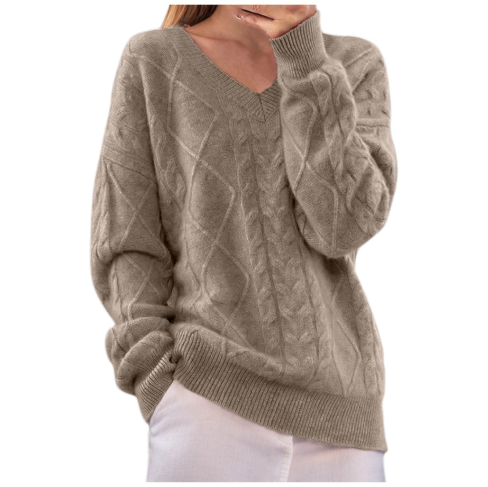 Caywon Women's V-Neck Sweater Solid Color Knit Top Pullover Sweater ...