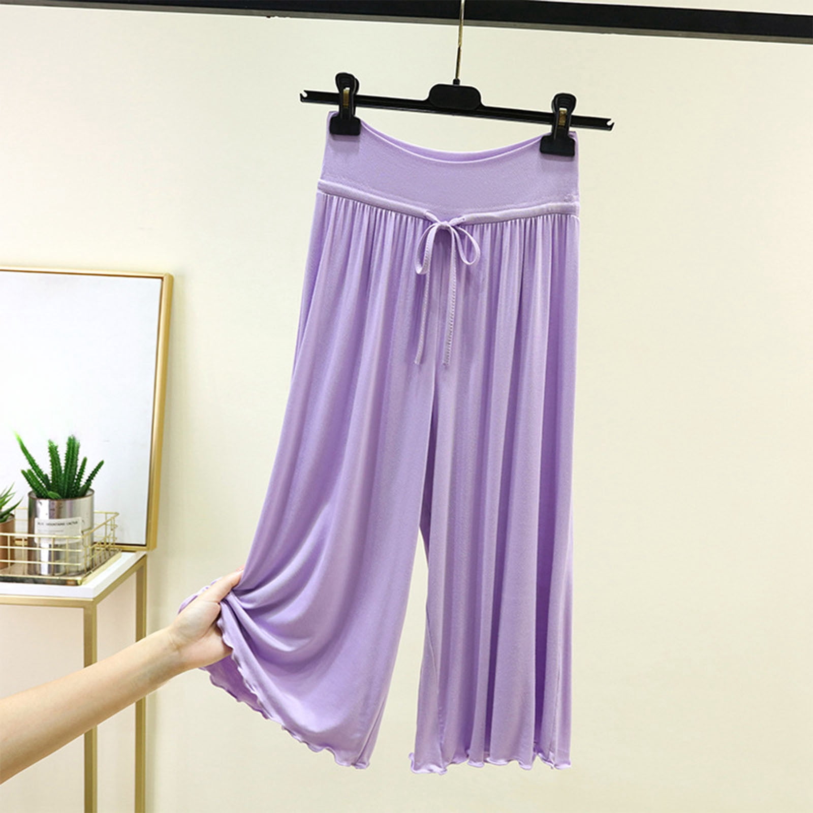 Caywon Women's Wide Leg Pants Elastic Drawstring Pajama Bottoms Loose ...