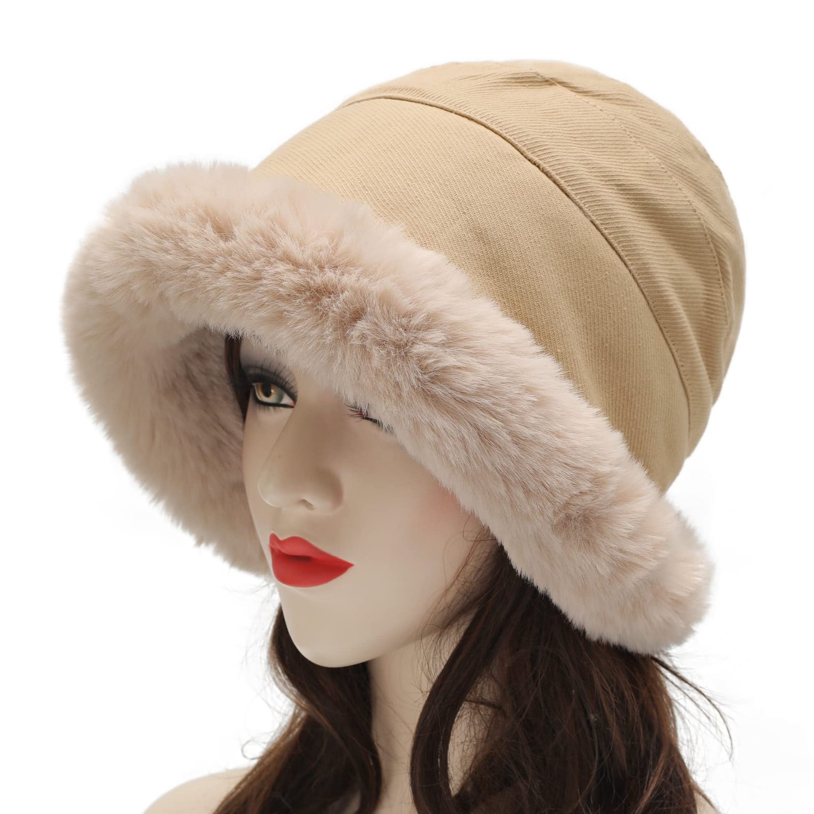 Caywon Women's Winter Faux Fur Winter Bucket Hat Brimless Cap Warm ...