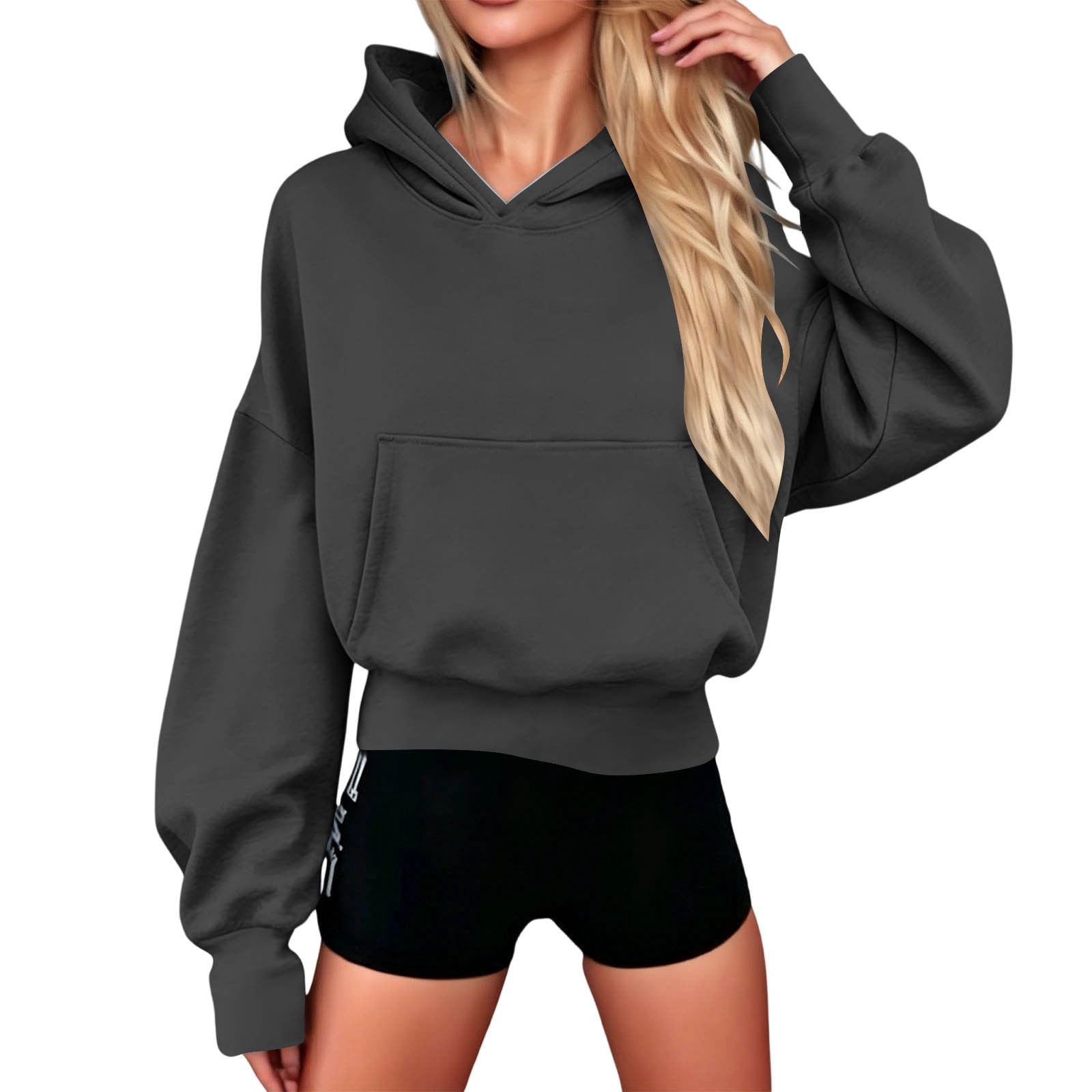 Caywon Womens Cropped Hoodie Long Sleeve Kangaroo Pocket Sweatshirt ...