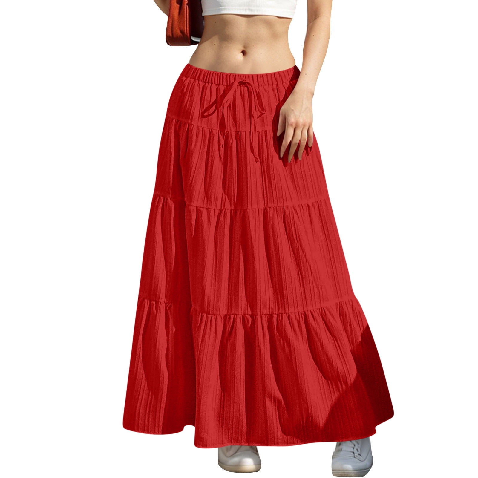 Caywon Womens Solid Color Drawstring Elastic Waist Maxi Skirt Pleated ...