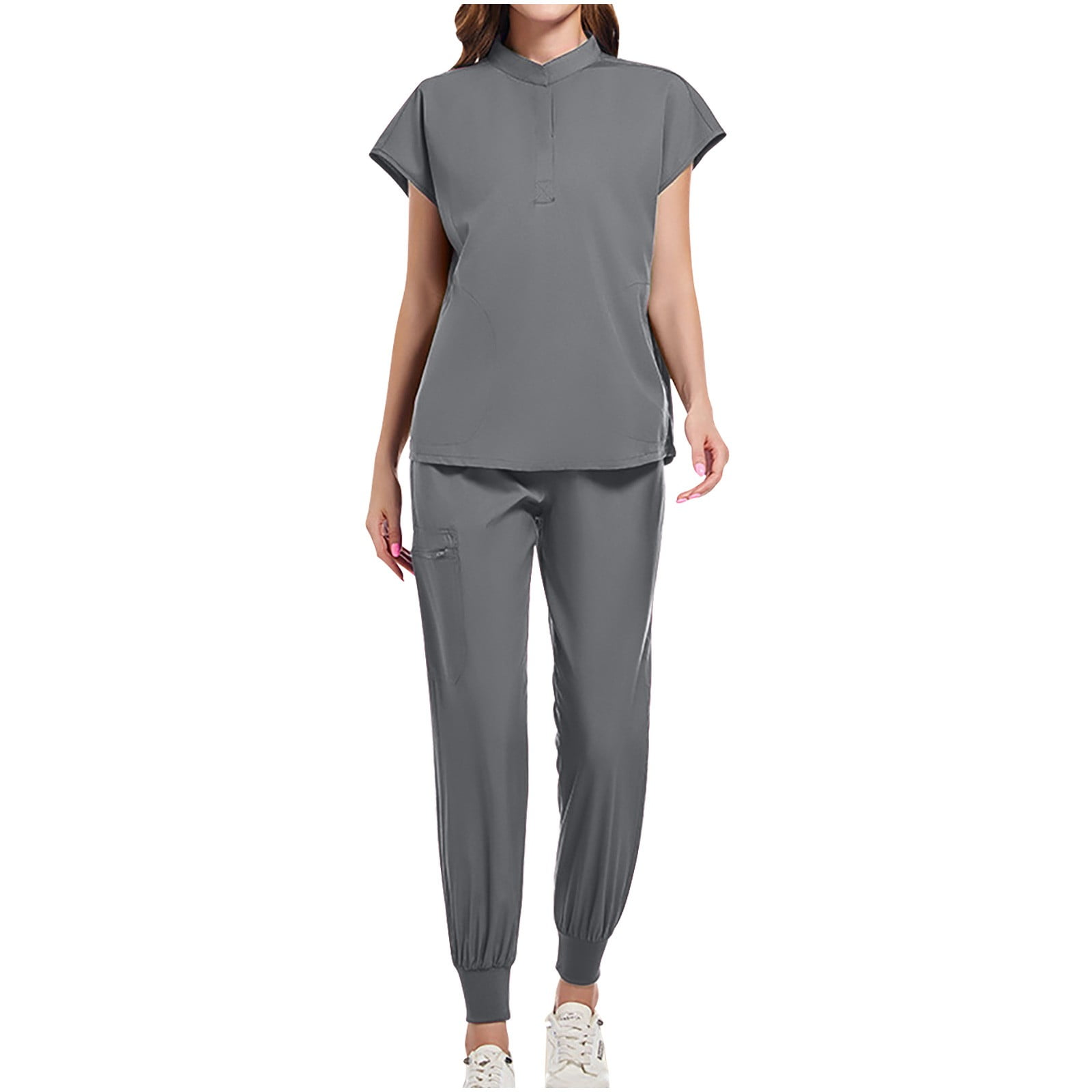 Caywon Womens Work Uniform Matching Set Solid Color Casual Short Sleeve ...