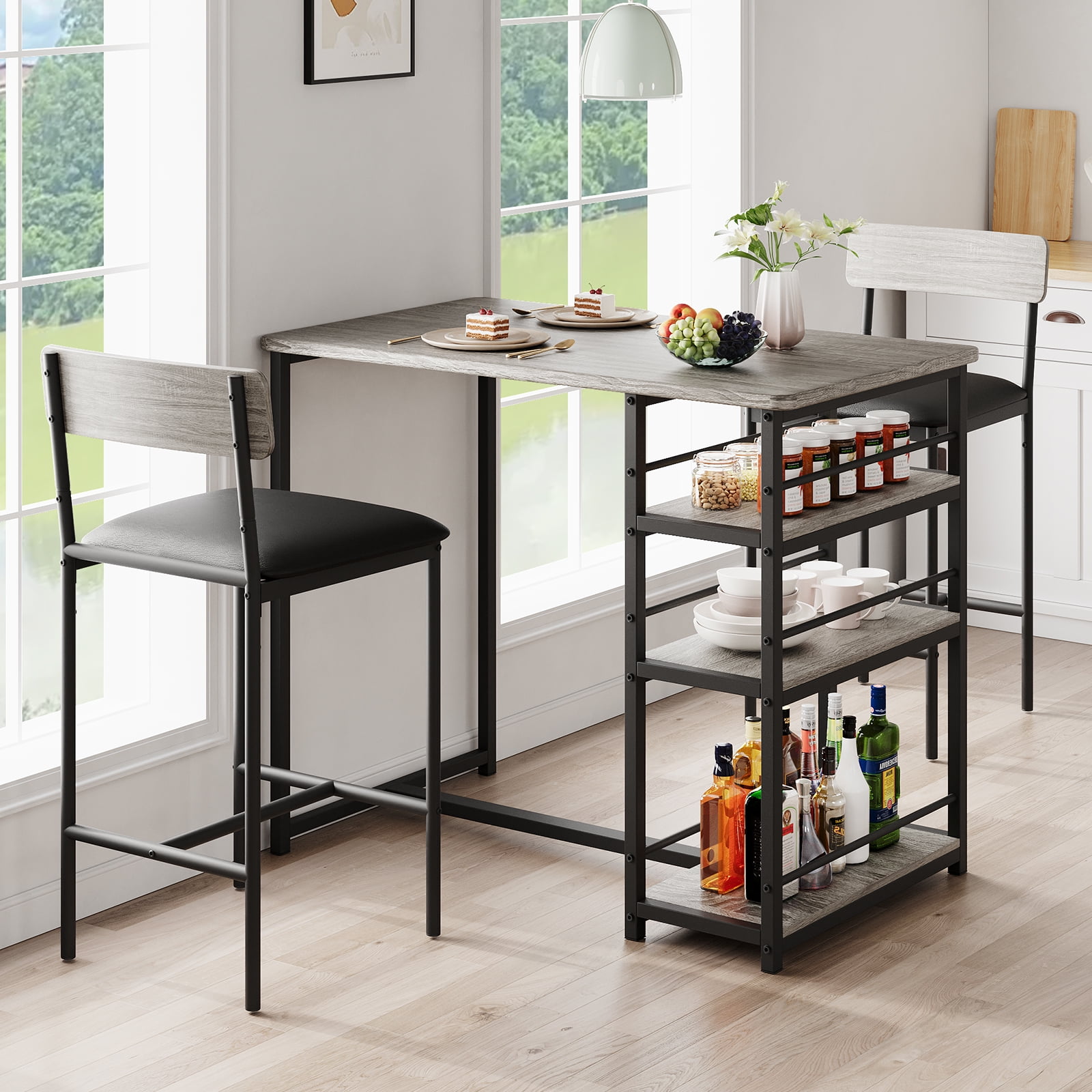 CazToi 3-Storage Shelves & 2 Stools Tall Bar Table Set for 2, Small ...