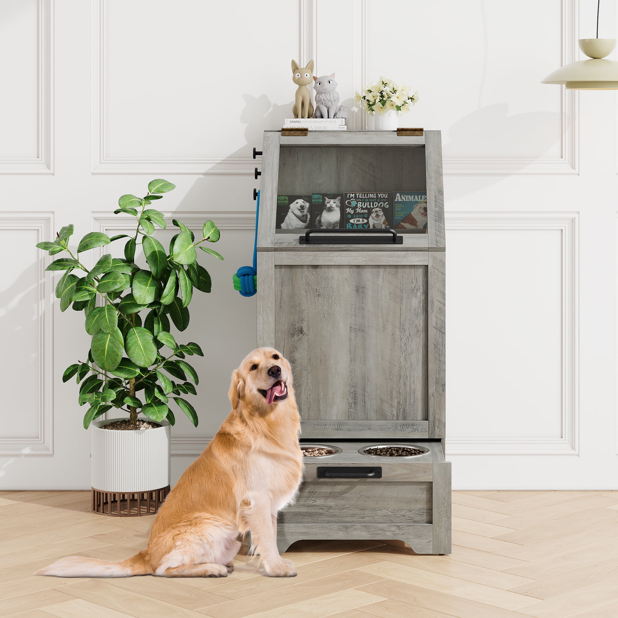 CazToi 35 Inch Dog Food Storage Container Flip Top Pet Feeding Station ...