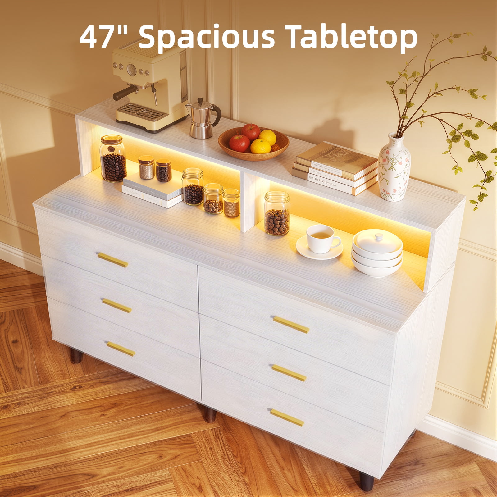 CazToi 47.2" Cabinet Power Outlets LED Light Coffee Bar Drawers ...