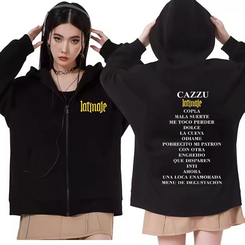 Cazzu Inspired New Album Lyrics Print Zip-Up Hoodie - Unisex Oversized Streetwear Casual Fall ...