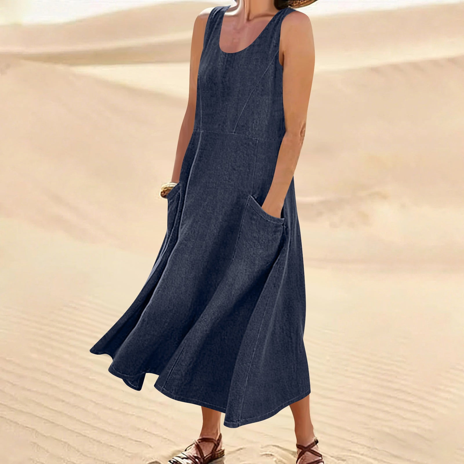 Cbcbtwo Sleeveless Denim Dresses for Women Midi Flowy Jean Dress ...