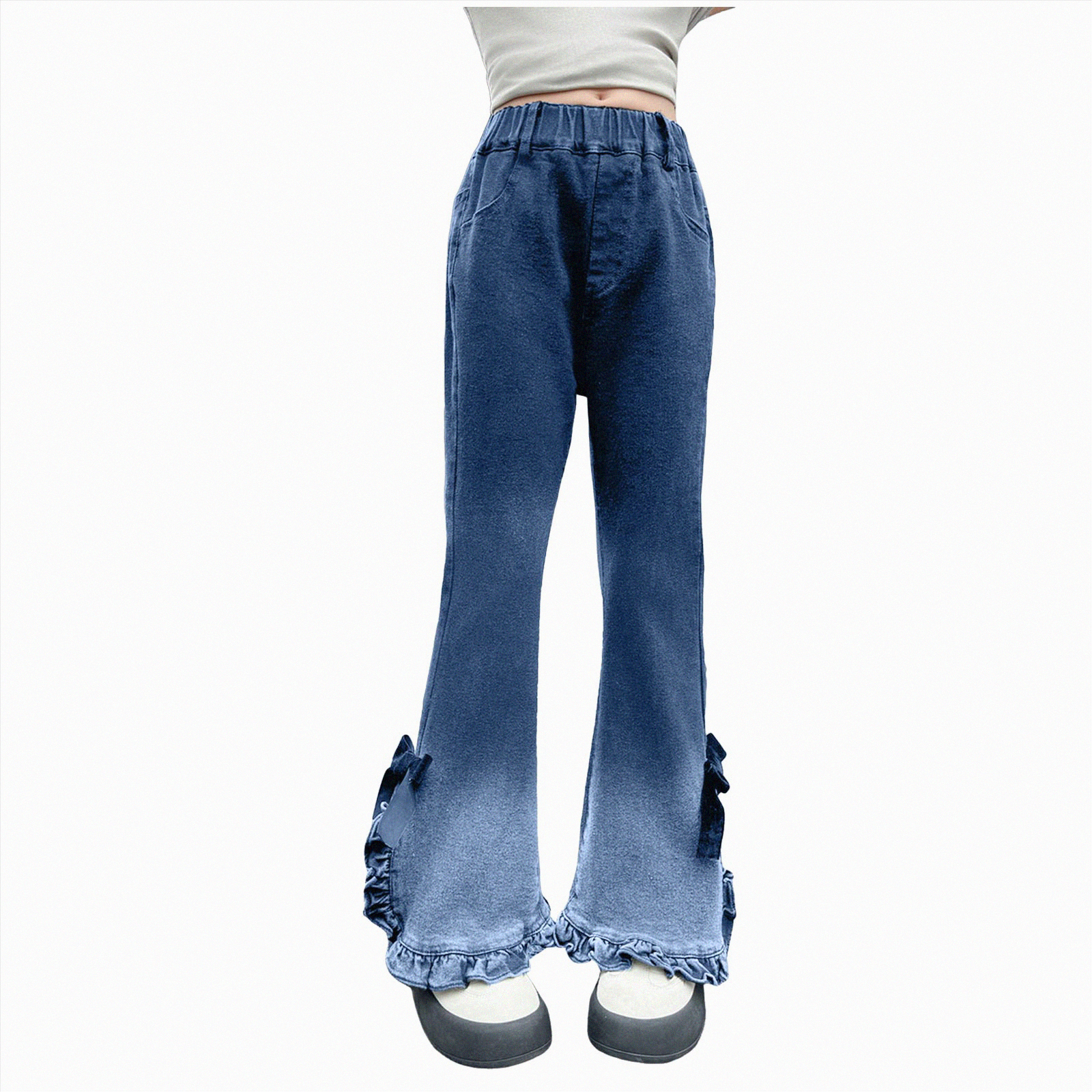 Ccpelsie Girl's Floral Print Elastic Waist Wide Leg Jeans Denim Pants ...