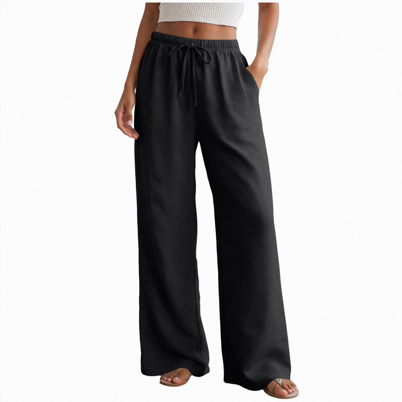 Ccpelsie Linen Pants Women Wide Leg High Waisted Crochet Panel Pull On ...
