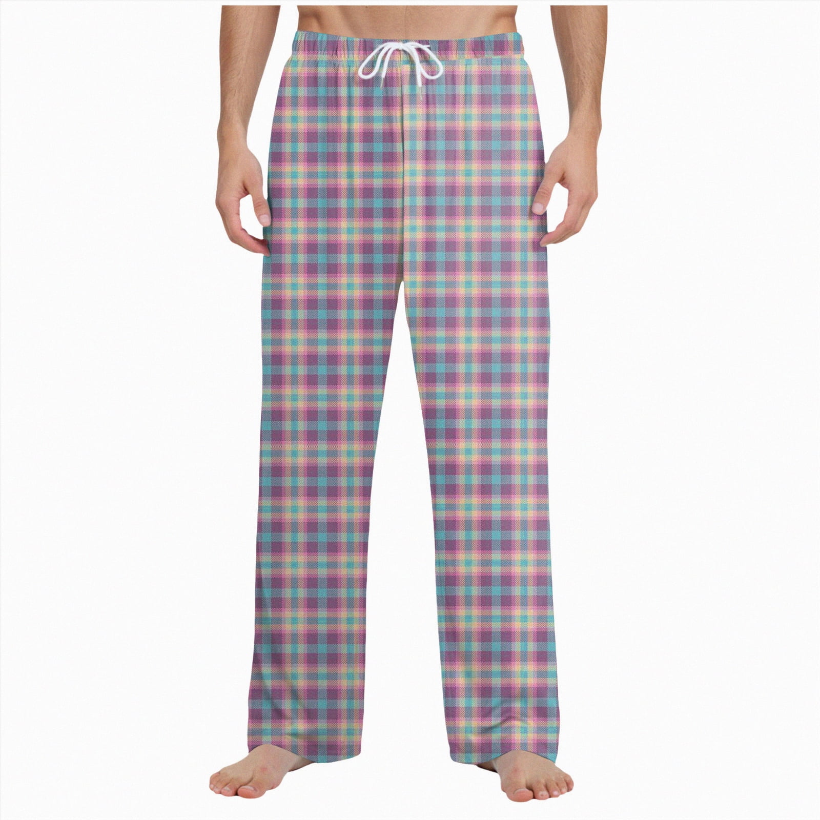 Ccpelsie Men Lightweight Checkered Cotton Pants Straight Leg Lounge ...