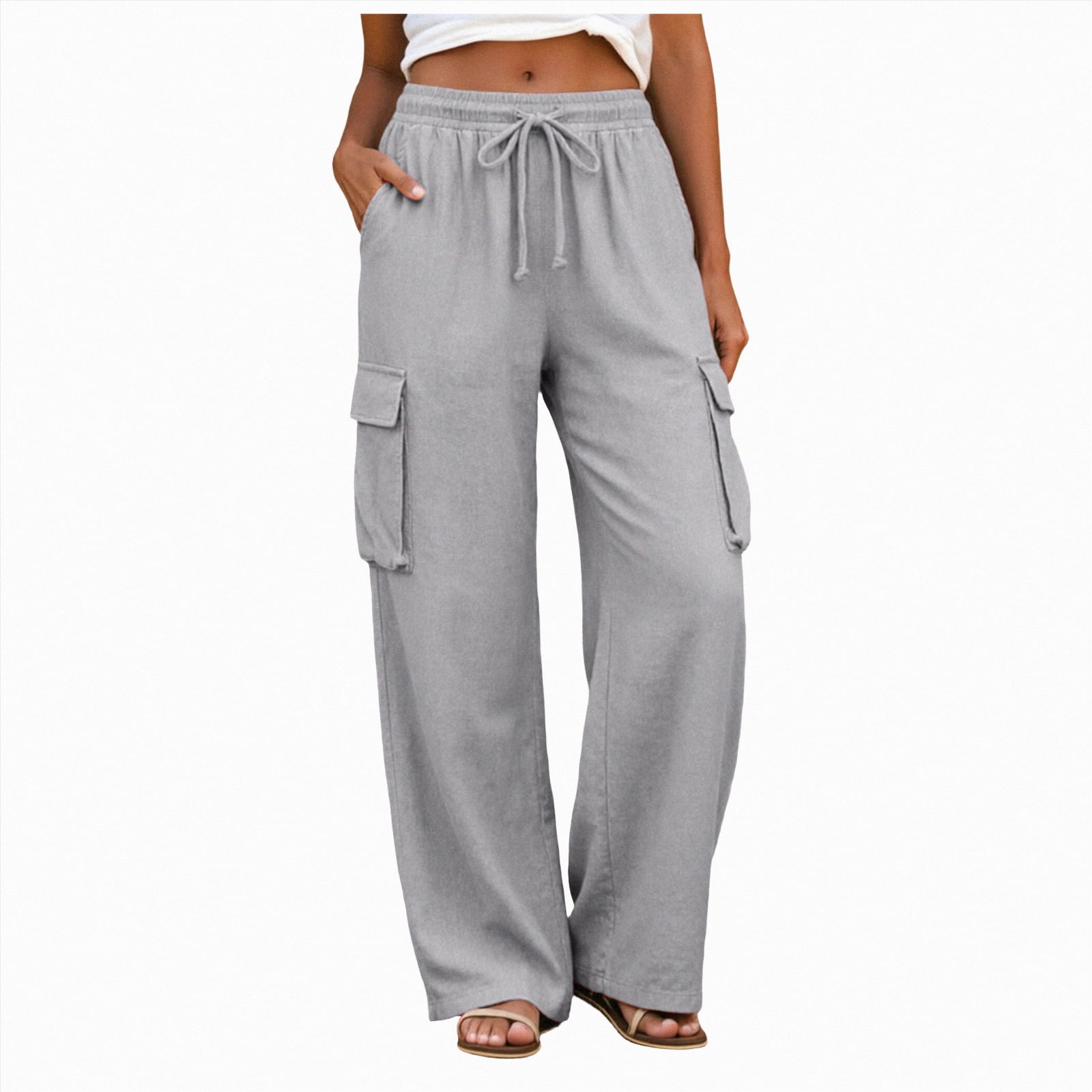 Ccpelsie Women Wide Leg Linen Palazzo Pants Casual Elastic Waist ...