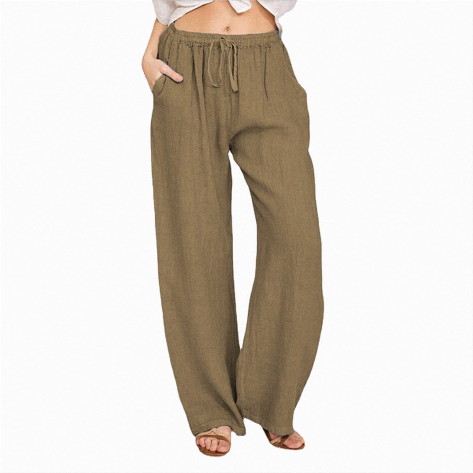 Ccpelsie Women's Wide Leg Linen Pants Summer Boho Casual Elastic Waist ...