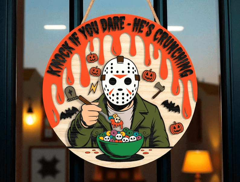 Ce.real Horror Halloween Door Hanger, Mas.ked Character Eating Skulls ...