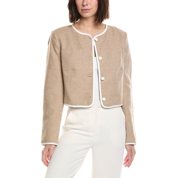 CeCe womens Contrast Patch Pocket Linen-Blend Jacket, 14, Brown ...