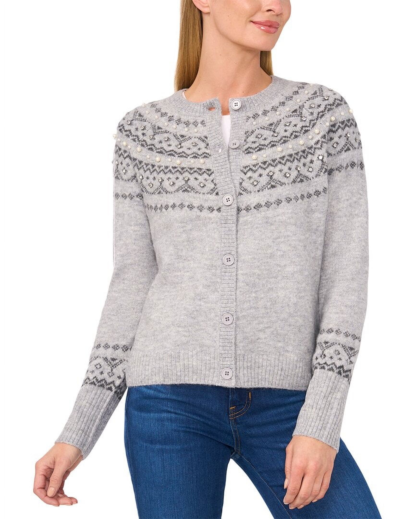 CeCe womens Fairisle & Pearl Striped Yoke Cardigan, m, Grey - Walmart.com
