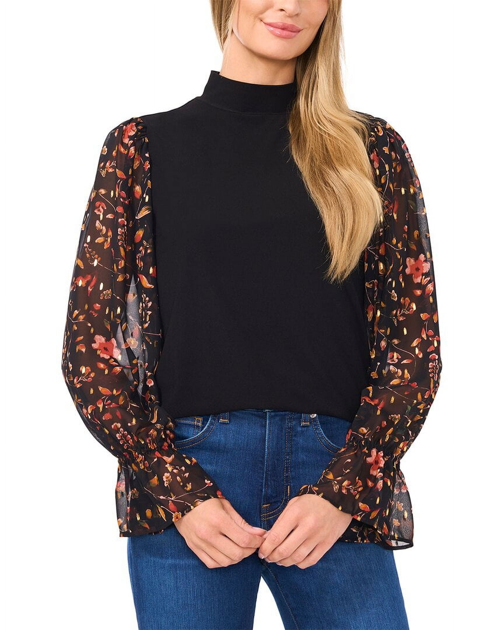 CeCe womens Long Sleeve Mixed Media Mock Neck Top, xs, Black - Walmart.com