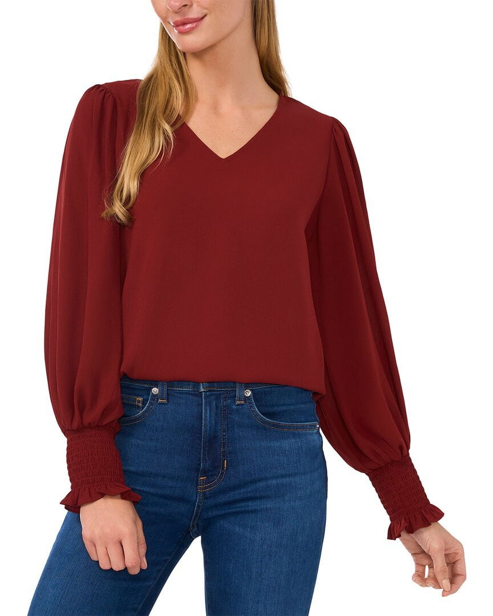 CeCe womens Long Sleeve V-Neck Blouse with Smocking Cuff, s, Red ...