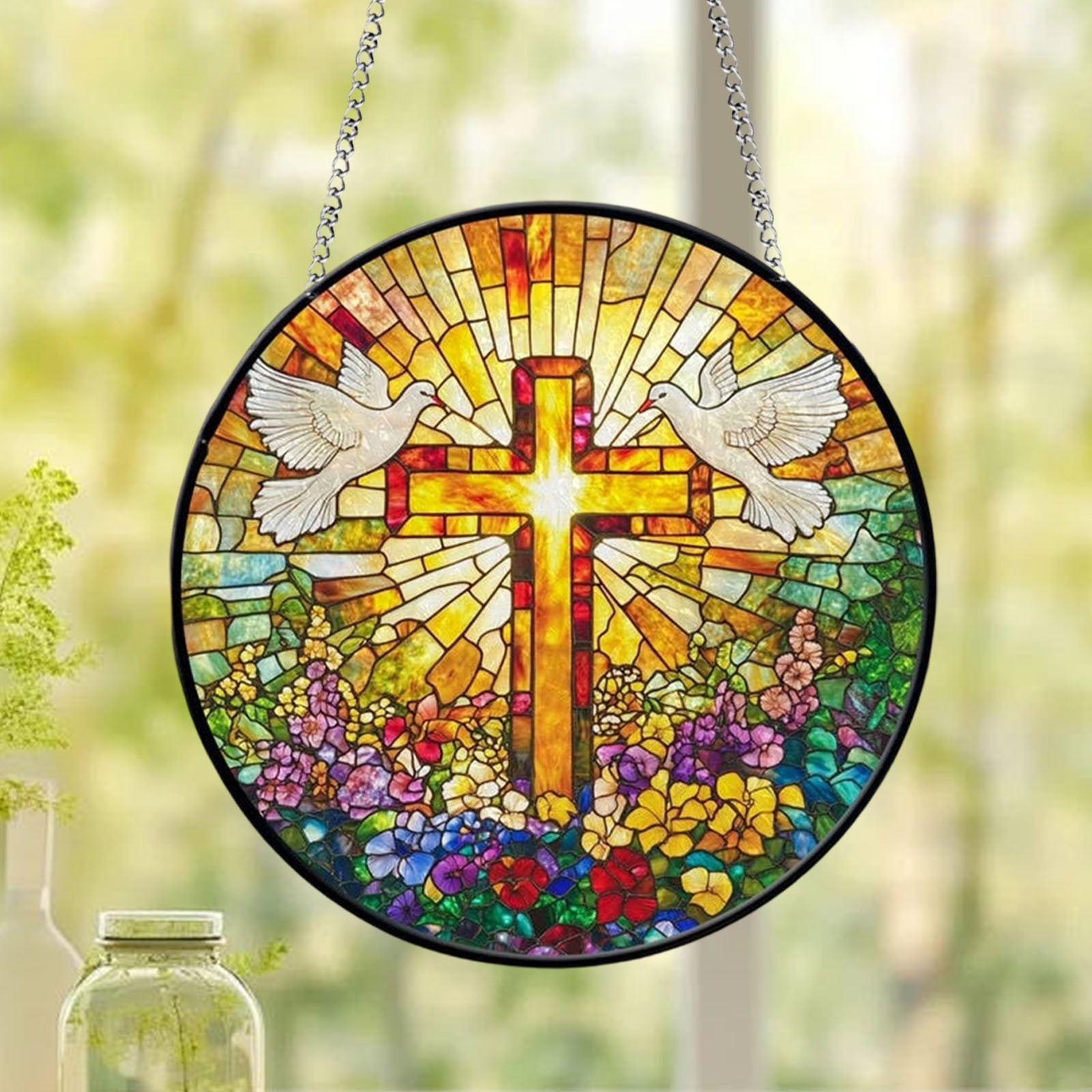 Cebalnir Flower Suncatcher Faux Stained Glass Window Hanging Christ ...
