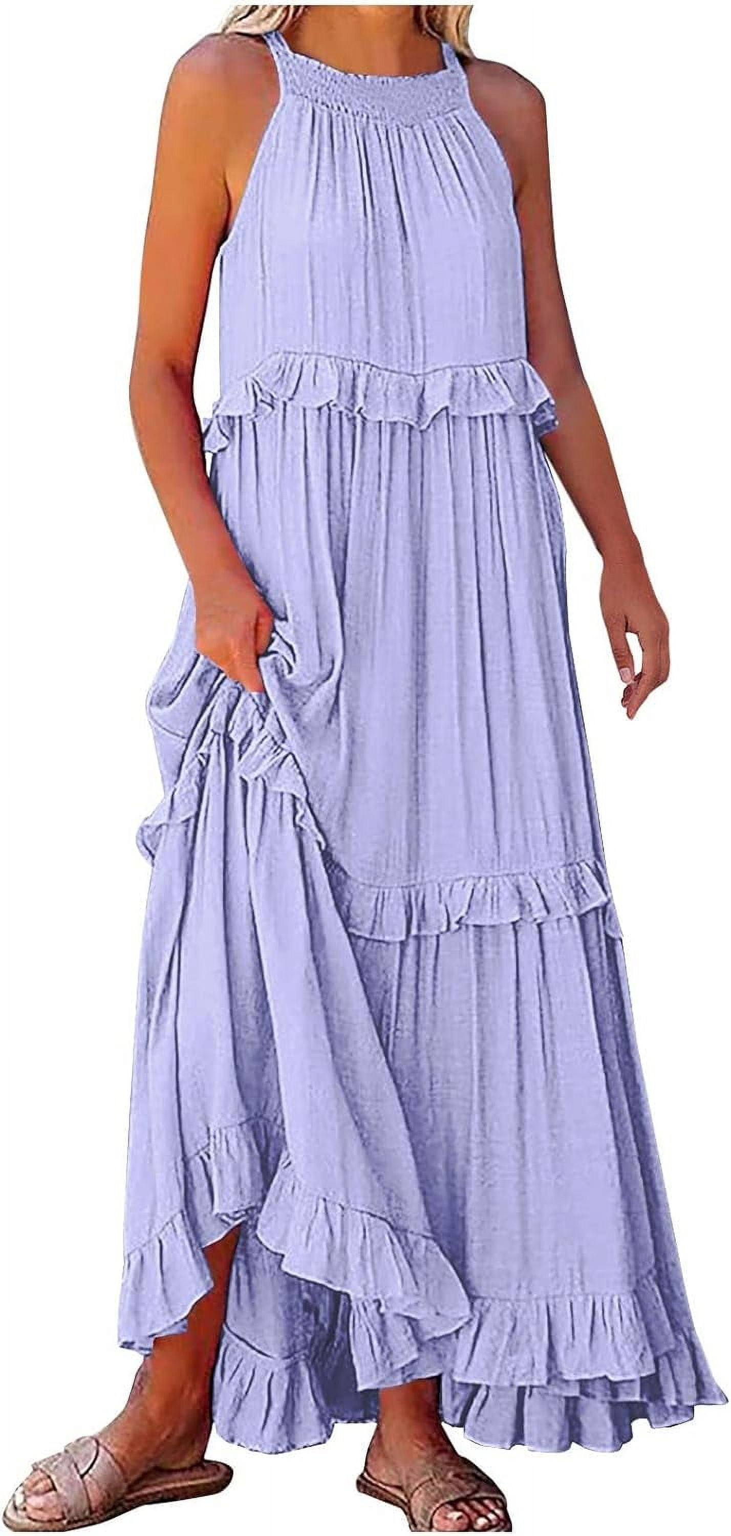 Ceboyel Women Bohemian Maxi Dress Tiered Long Dress Halter Neck Sleeeve ...
