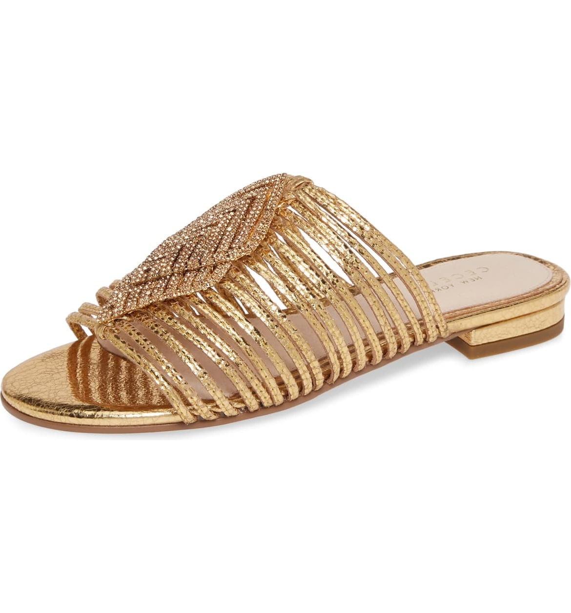 Cecelia New York Darleen Slide Sandals Gold Rinestone Slip On Caged ...