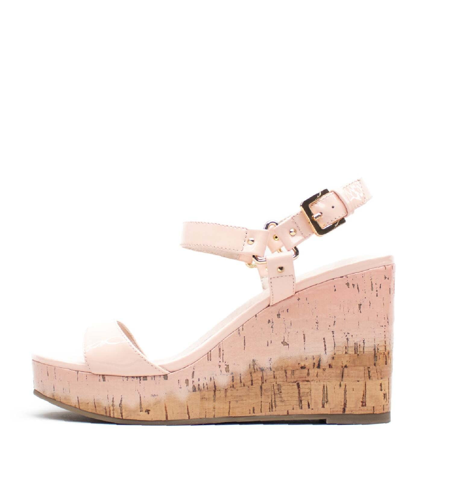 Cecelia New York Libby Pink Patent Cork Open Toe Buckle Wedge Heeled ...