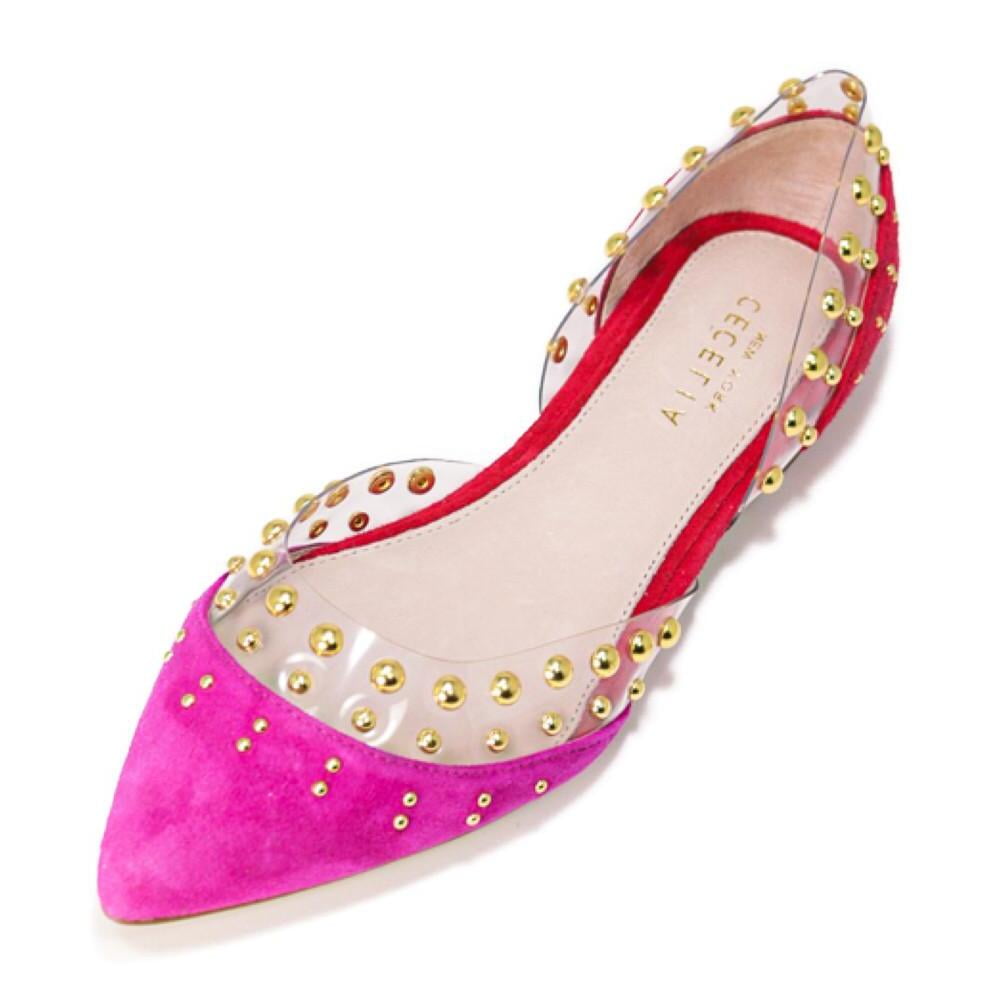 Cecelia New York Min Ballet Flat Clear Pointy Toe Embellished Neon Pink ...