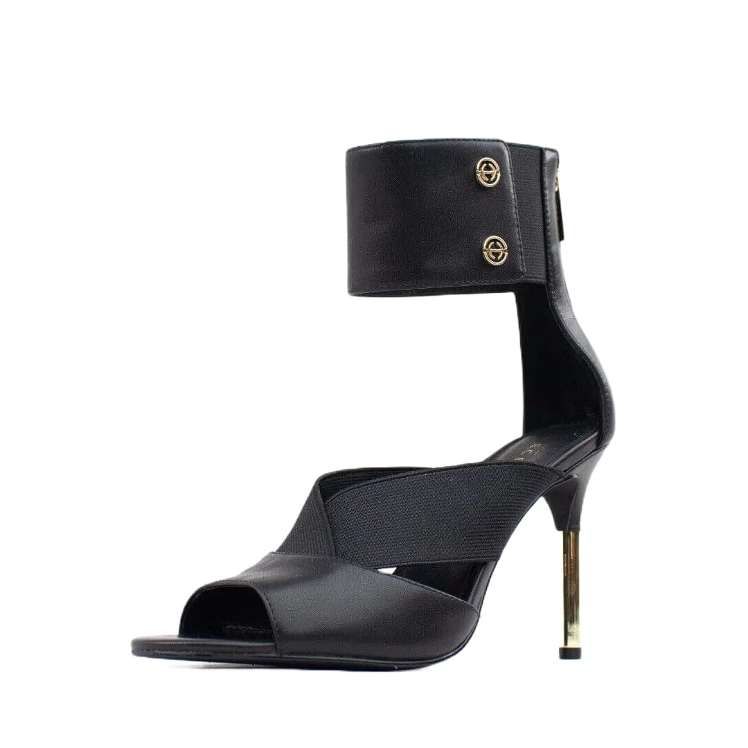 Cecelia New York Mirror Black Open Toe Gold Stiletto Heel Stretch Strap ...