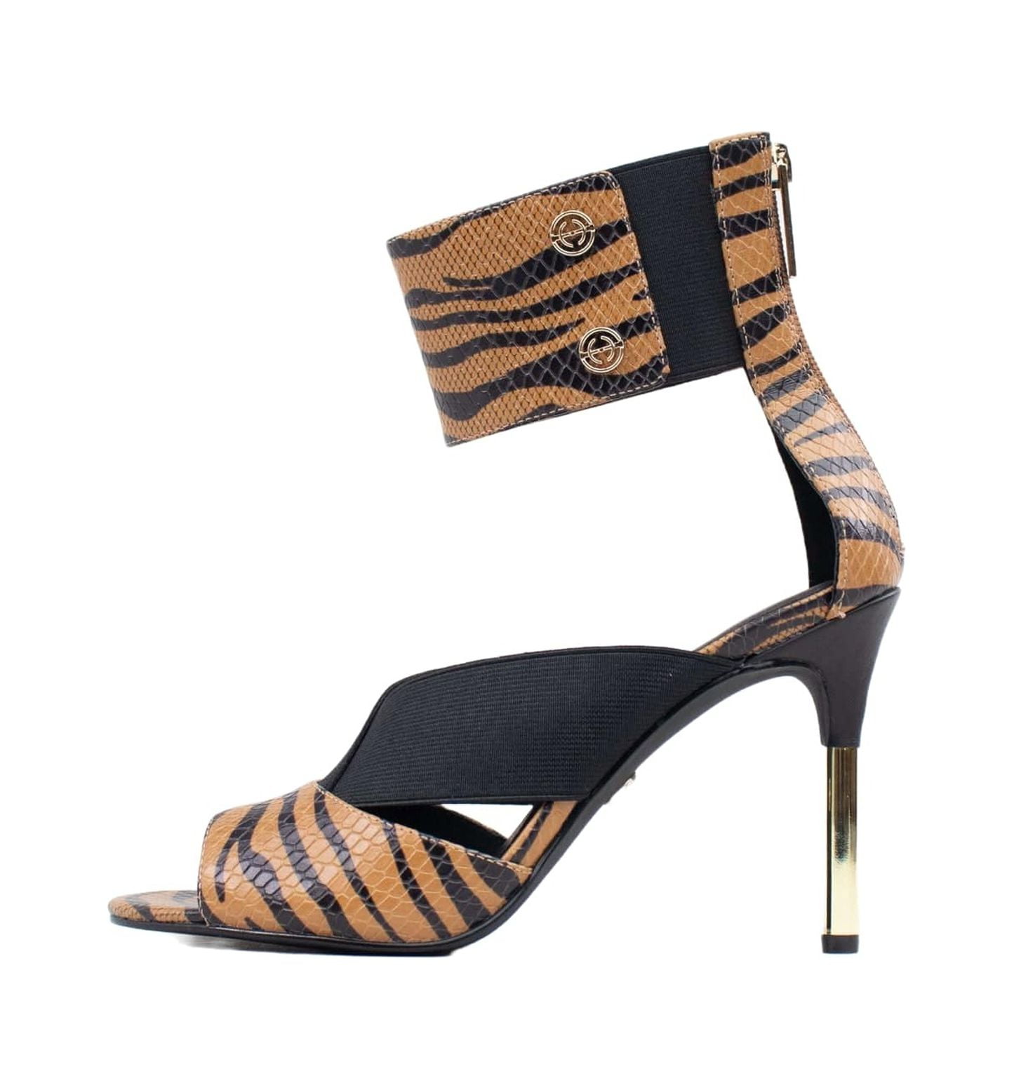Cecelia New York Mirror Tiger Open Toe Gold Stiletto Heel Stretch Strap ...