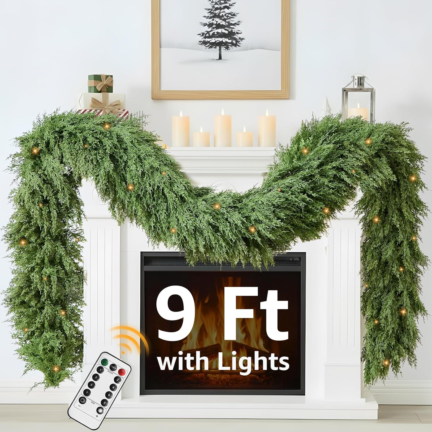 Cedar Christmas Garland with Lights for Mantle - Decorations 9 ft ...