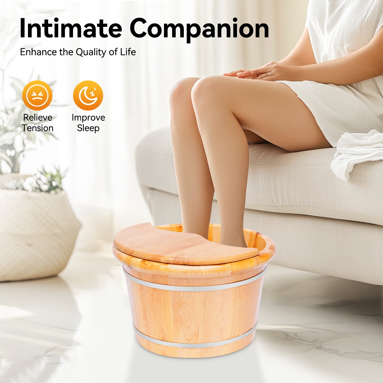Cedar Foot Bath Barrel with Lid & Massage Roller, Galvanized Hoop, Heat ...